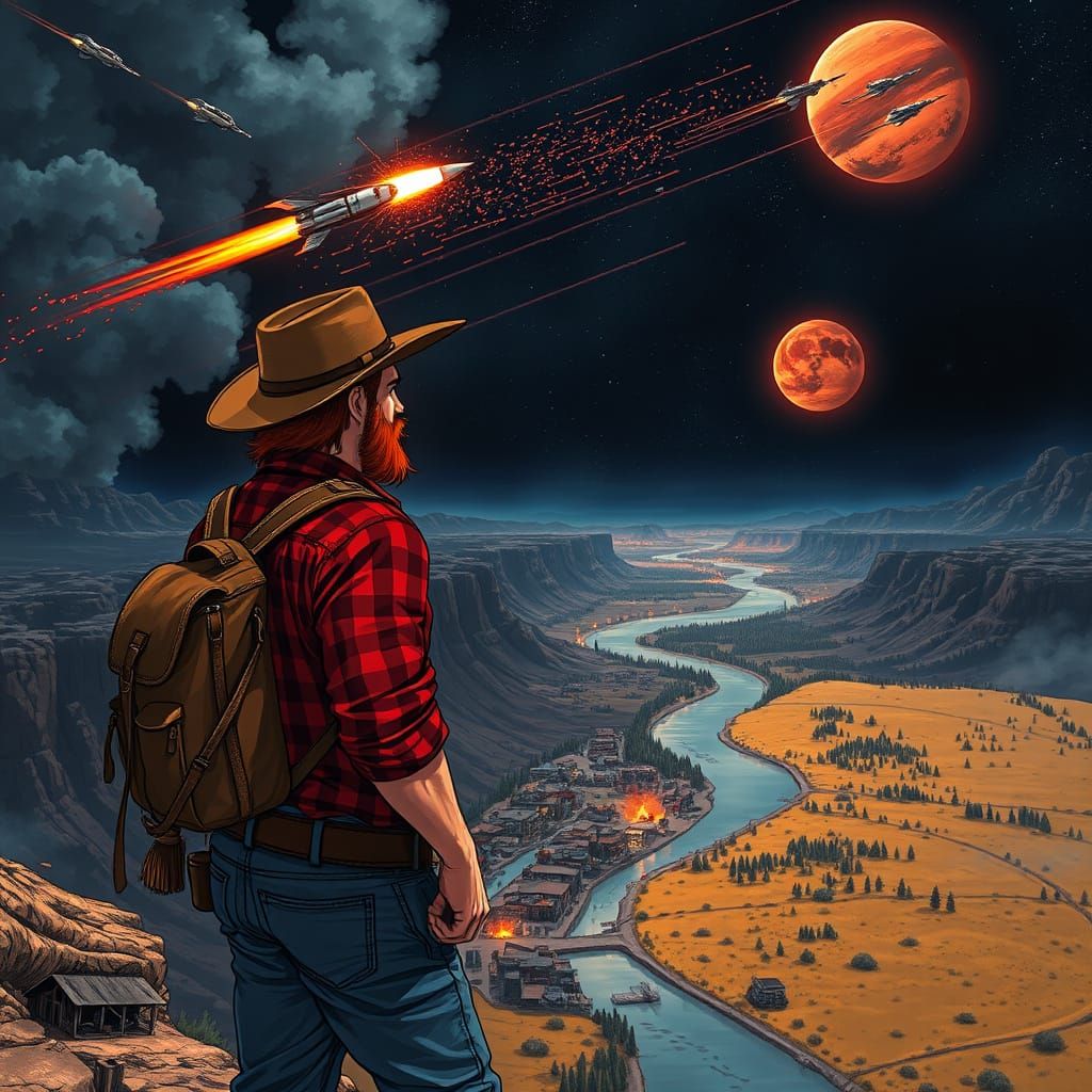 Rugged Explorer Stands at Cliff's Edge in Desolate... - AI Art