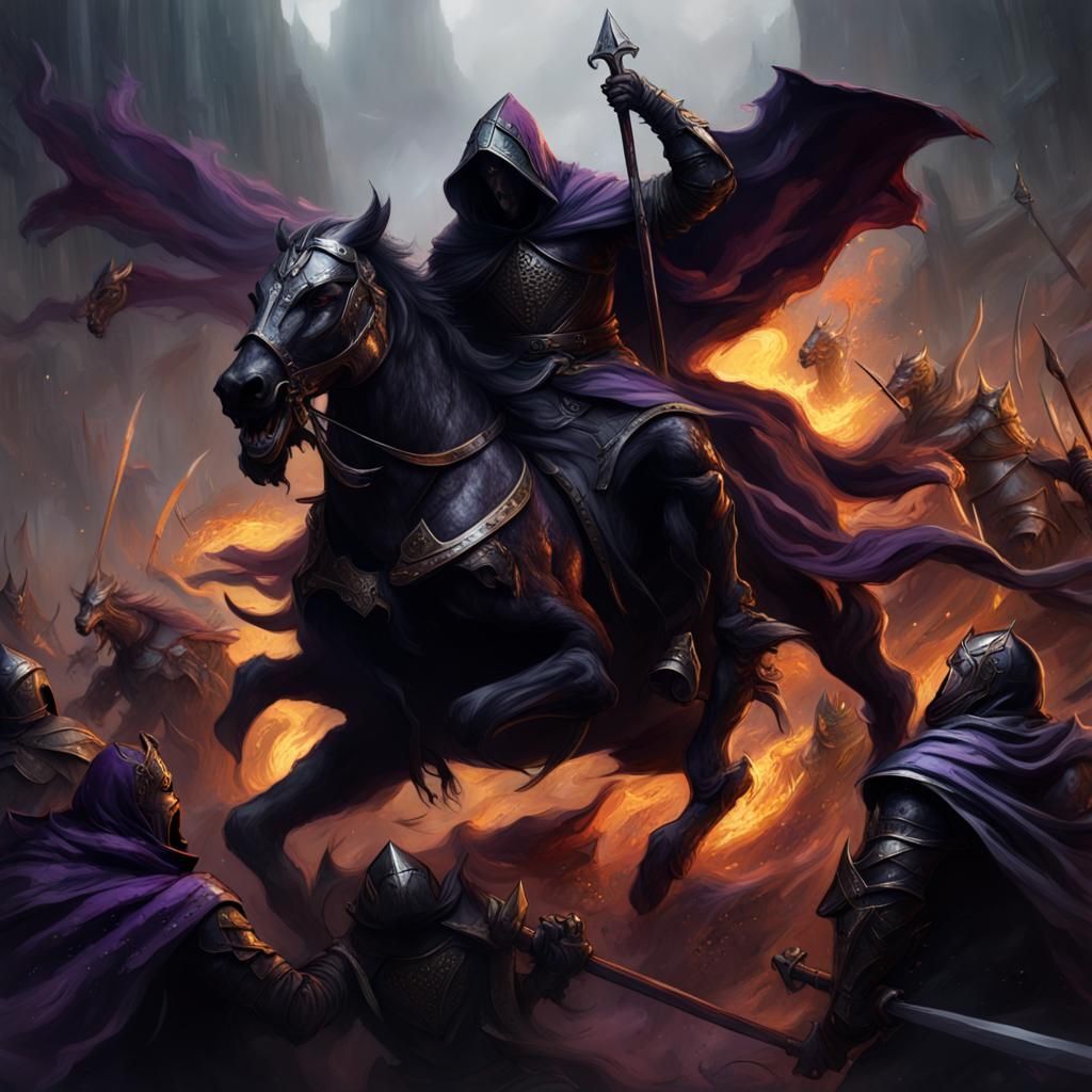 black-robed and hooded knights on horseback fighting a large beast from ...