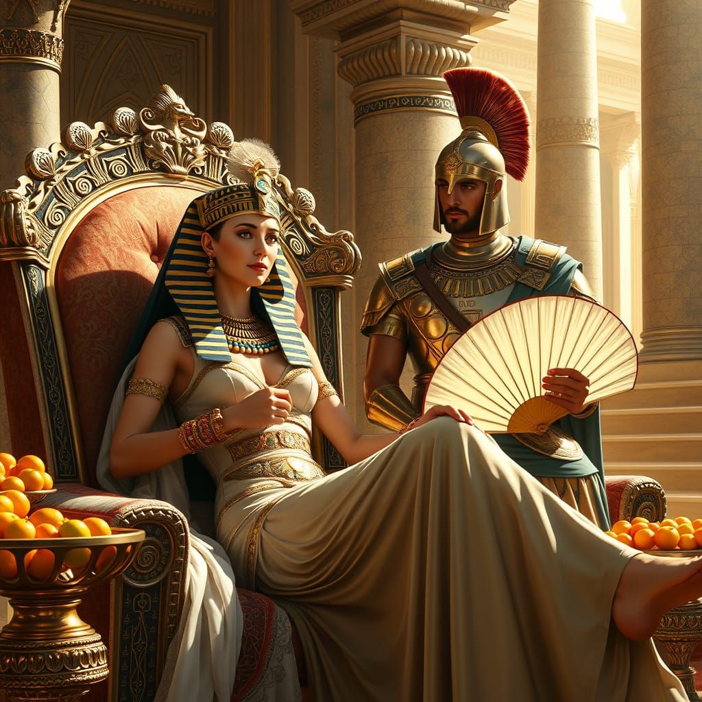 An elegant Egyptian queen getting fed fruits and fanned by her roman ...