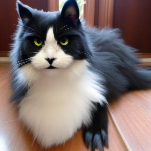OwlKitty is a Black longhaired poofy Fluffy Tuxedo cat, with a white ...