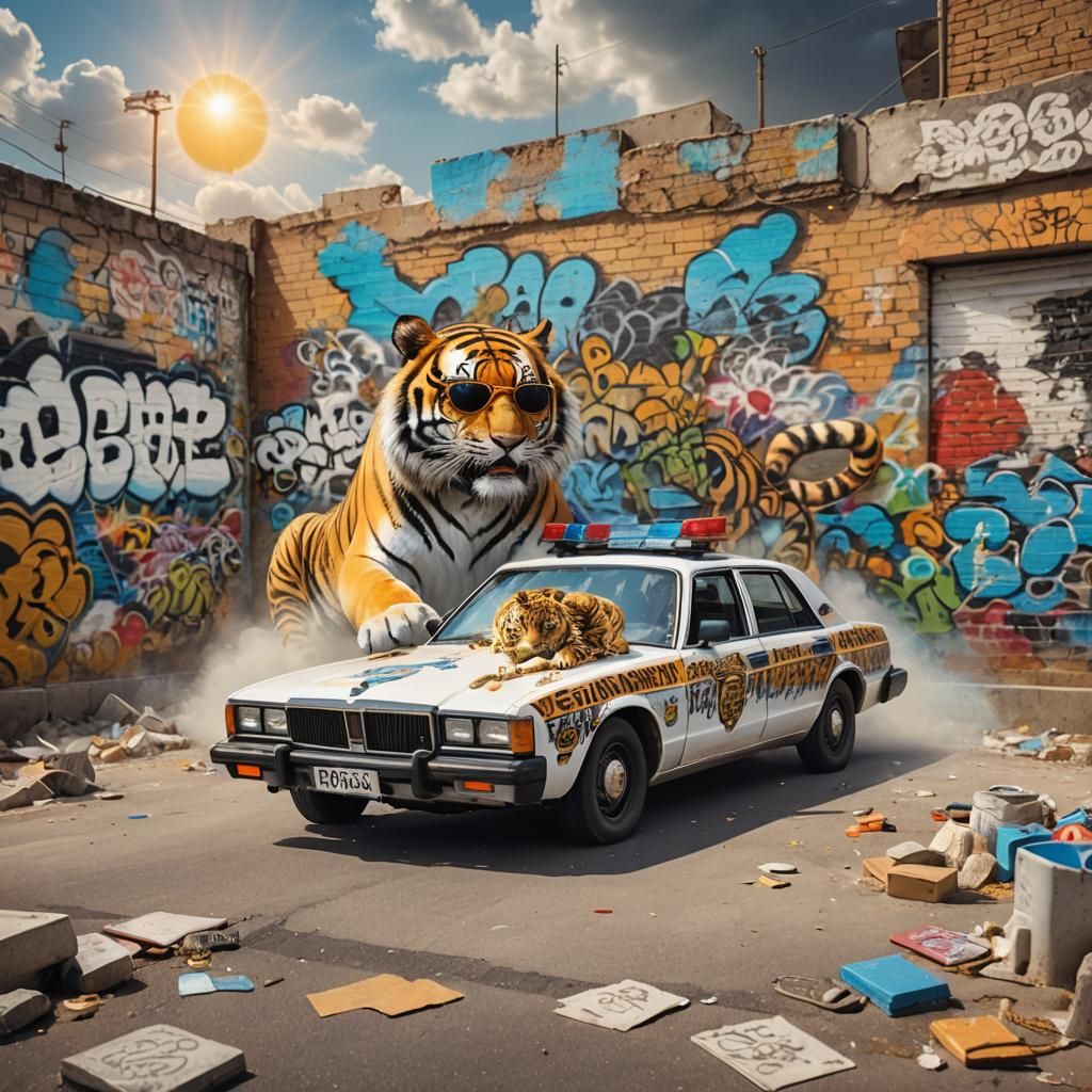 tiger driving police car with sunglasses, with golden chain, background ...