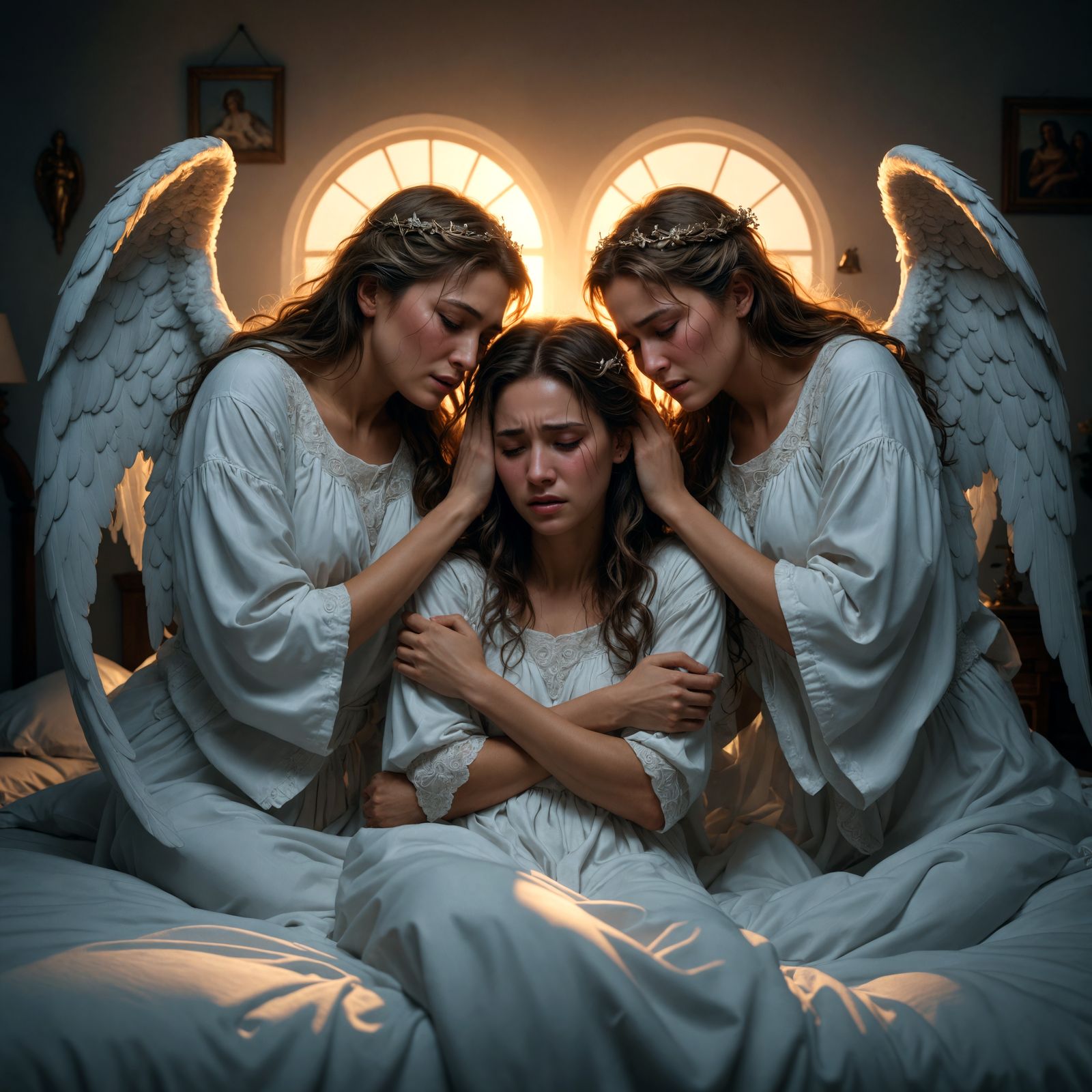 Angels supporting a woman who is crying on her bed - AI Generated ...