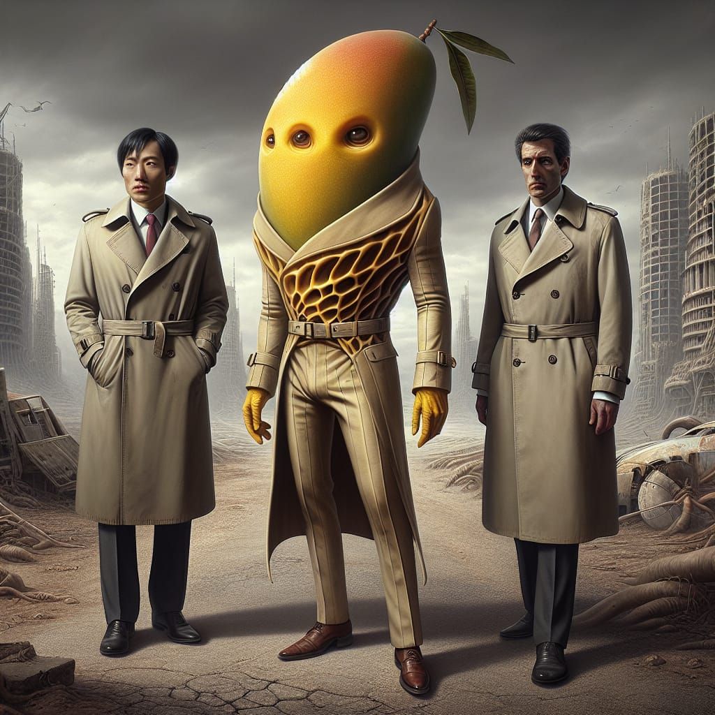 Diverse Heroes Protect Mysterious Mango Man in Pos... - AI Art