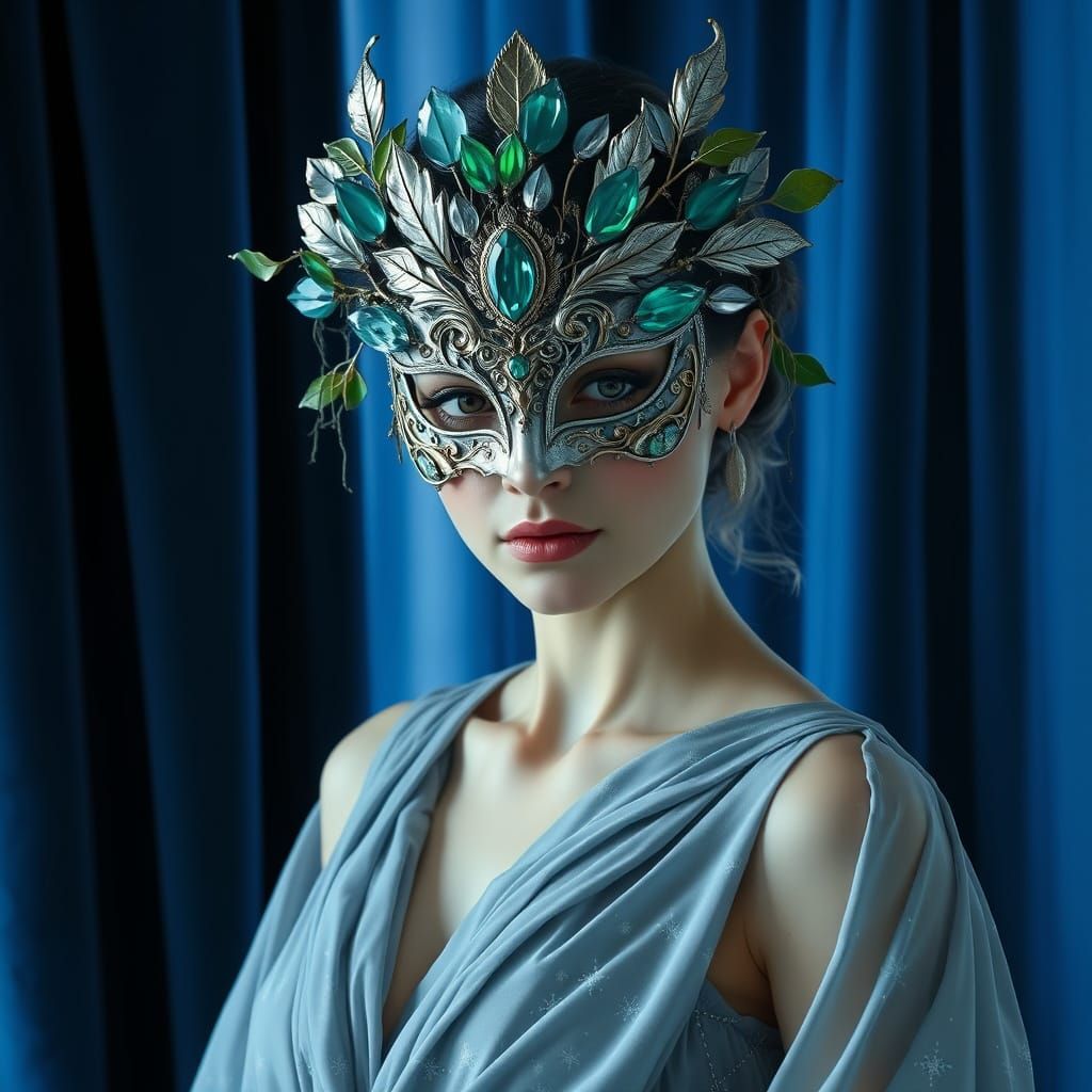 A dramatic, painterly portrait captures a masked w... - AI Art
