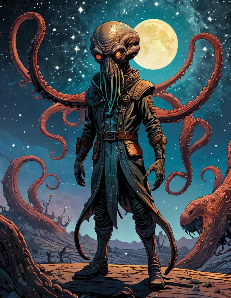 A striking wanted poster of tentacled alien fugitive, infamous for ...