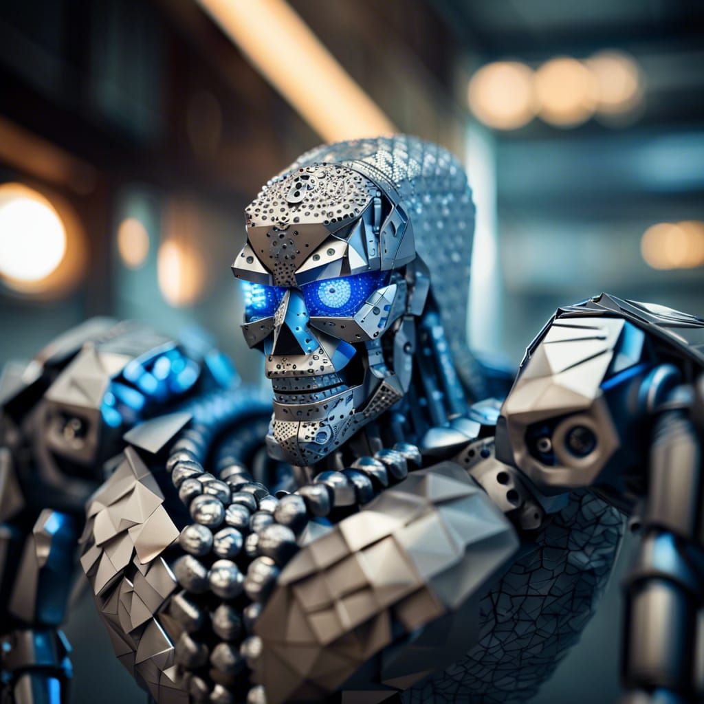 Terminator like robot made of metal with snake scale skin. there are ...