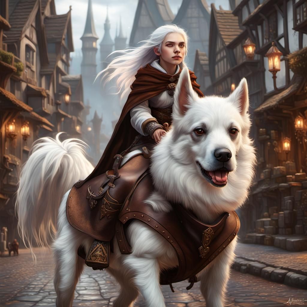 epic d&d halfling female, long flowing white hair, leather, brown fur ...