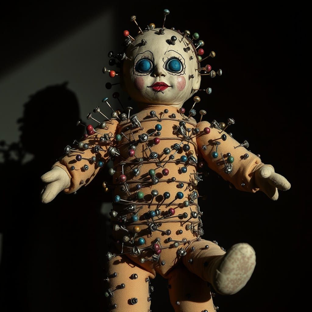 A worn, vintage voodoo doll with a soft, velvety texture and faded ...