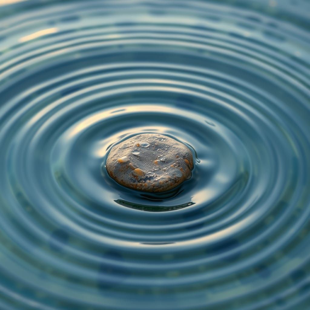 a small stone dropped on a very calm water surface, splash and wave ...
