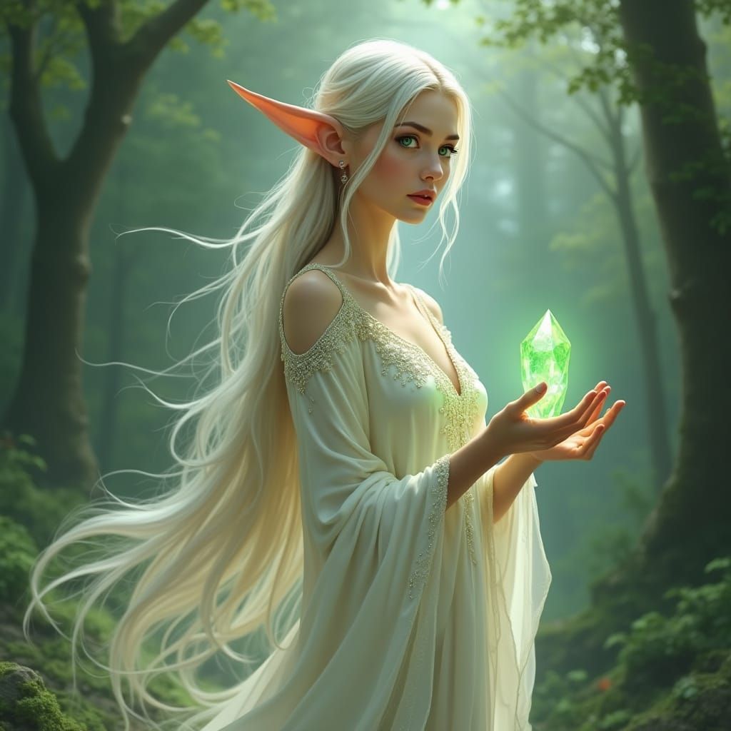 Ethereal Elf Maiden with Shimmering Green Eyes and... - AI Art