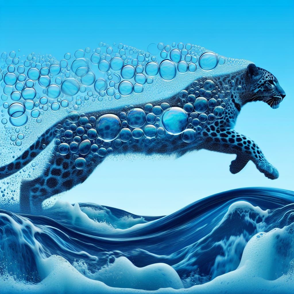 oscillating blue ocean with blue sky, double exposure, Leopard made of ...