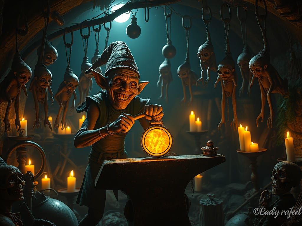Pyschotic Christmas elf creating a cursed locket, with several dead ...