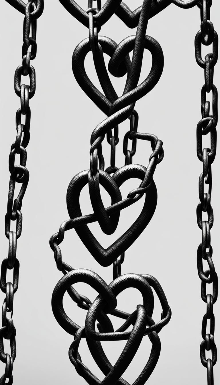 Interconnected hearts wrapped in chains, symbolizing the entrapment and ...