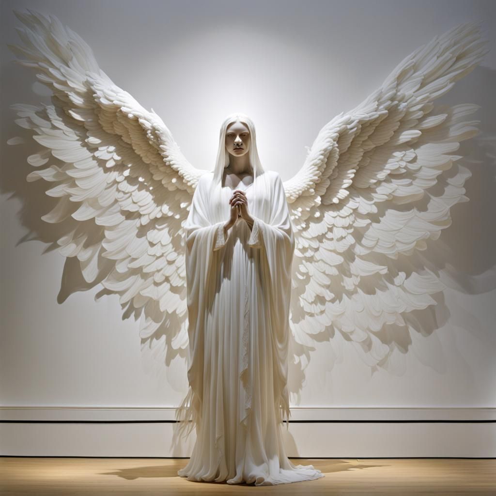 installation art, white silk, beautiful angel, insanely realistic ...