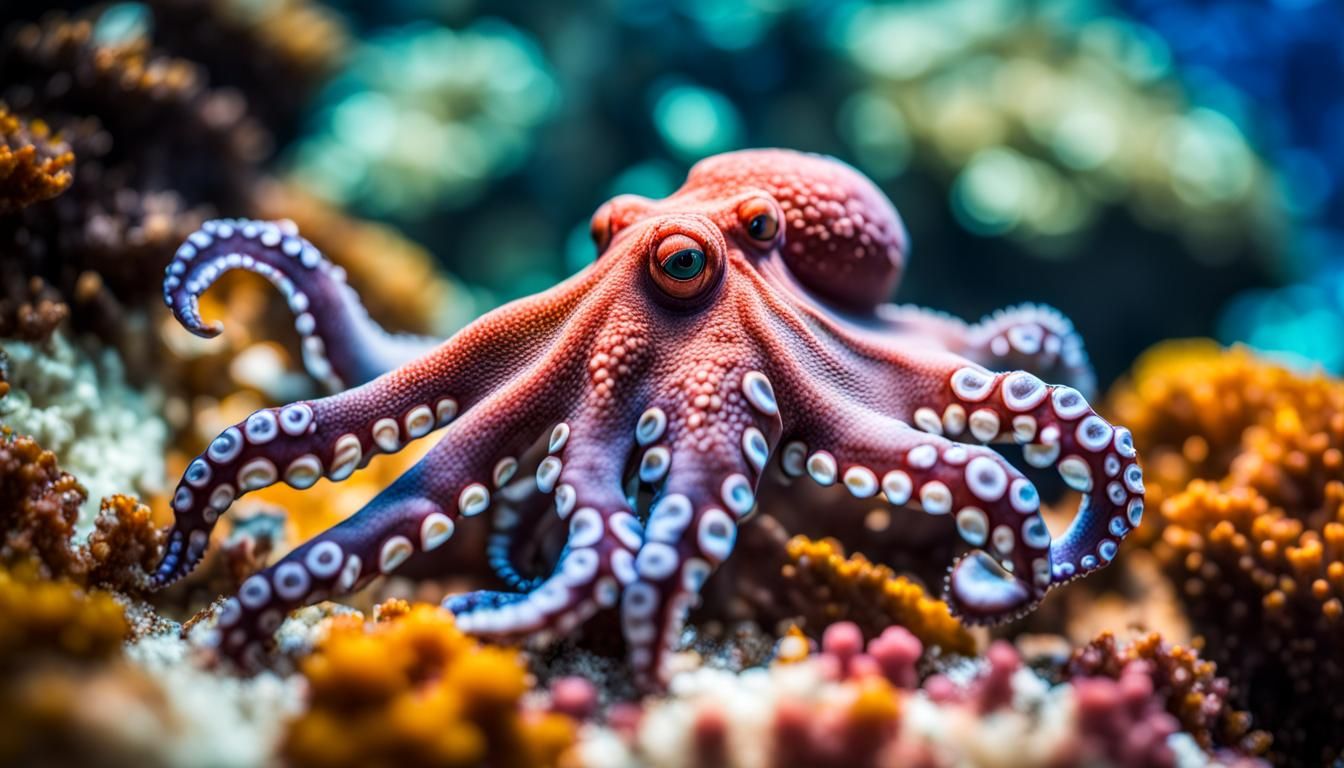 Tropical octopus near corals, colorful, intricate details, HDR ...