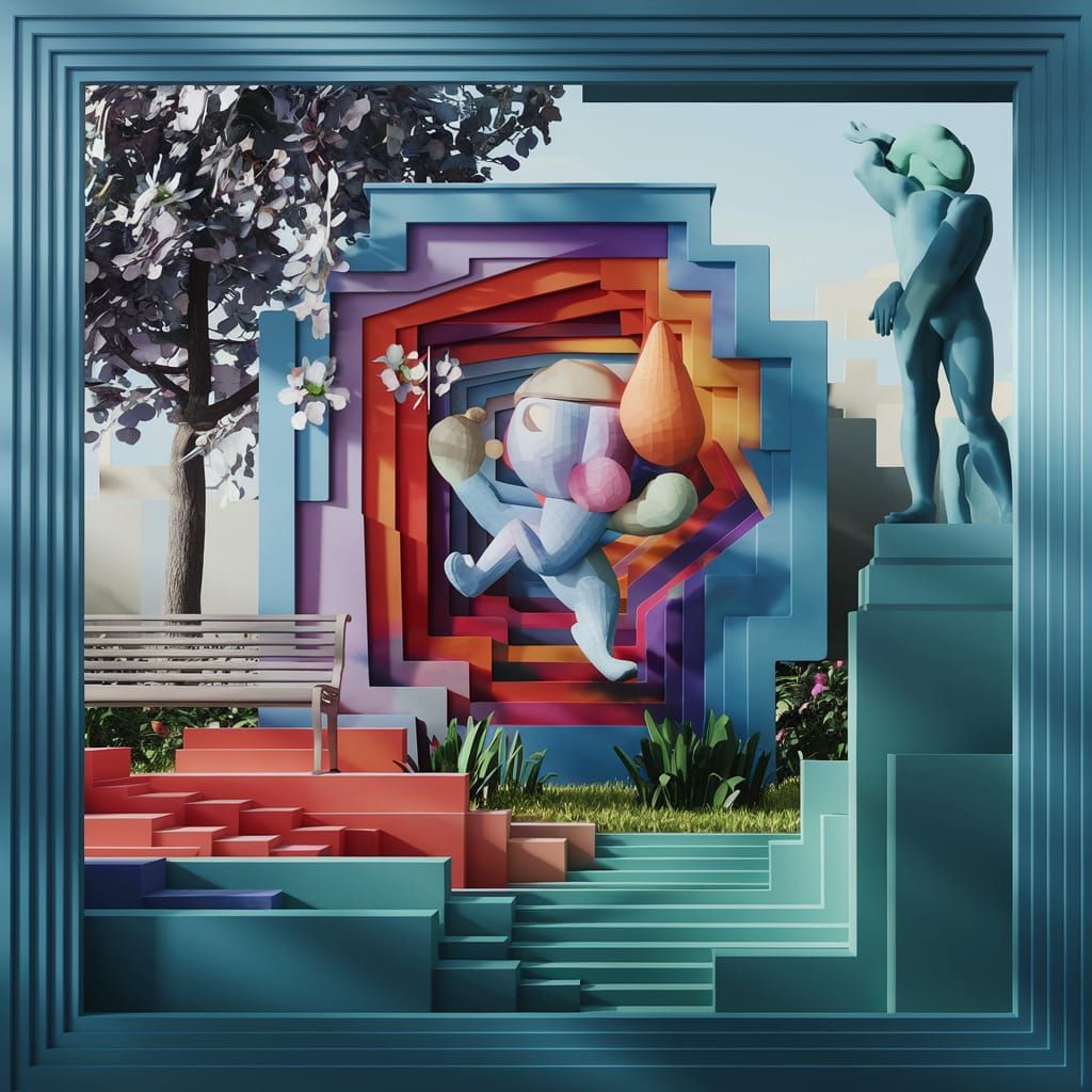 child playing in a garden - Neo-Cubist Child in Whimsical G...