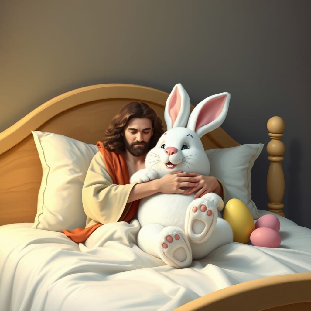 Jesus hugging a big Easter bunny - Jesus hugging a big Easte...