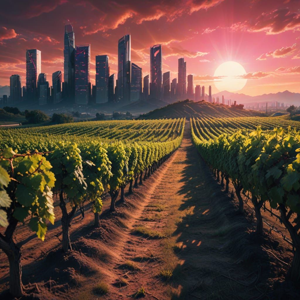 : A sci-fi inspired digital artwork depicts a vineyard lined with rows ...