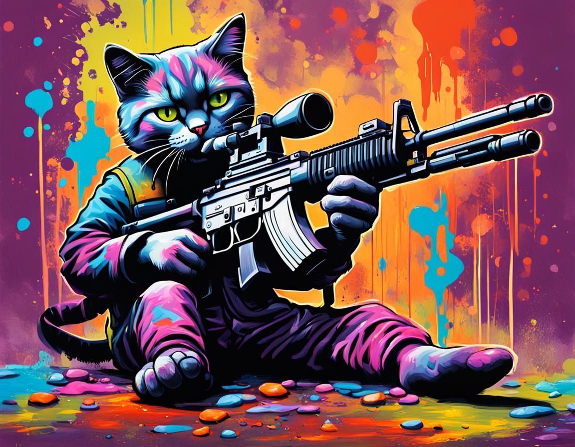 machine gun murder kitty, pixar/dreamworks, graffiti art, splash art ...