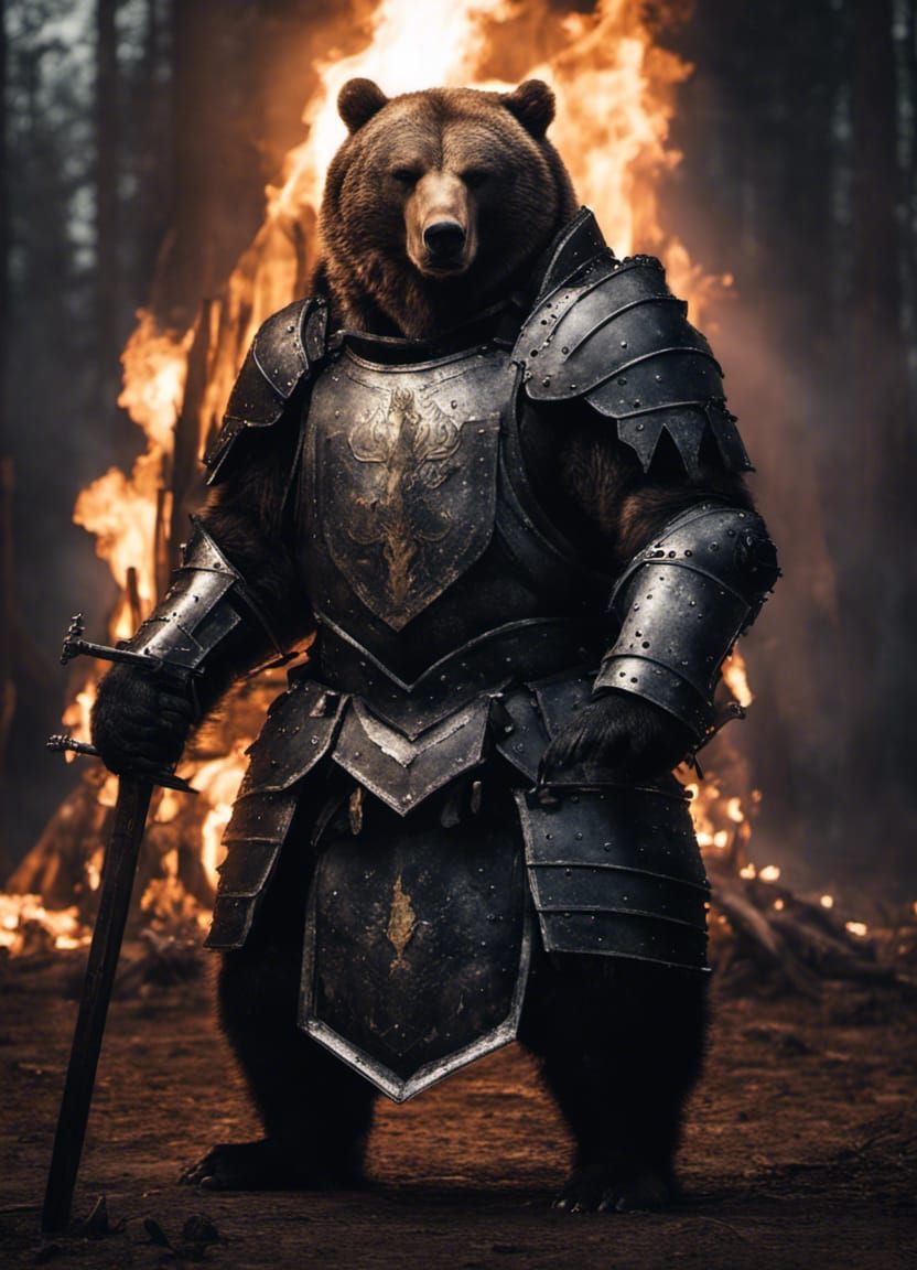 Photograph Portrait of obese armored Bear Dark Knight wearing black ...