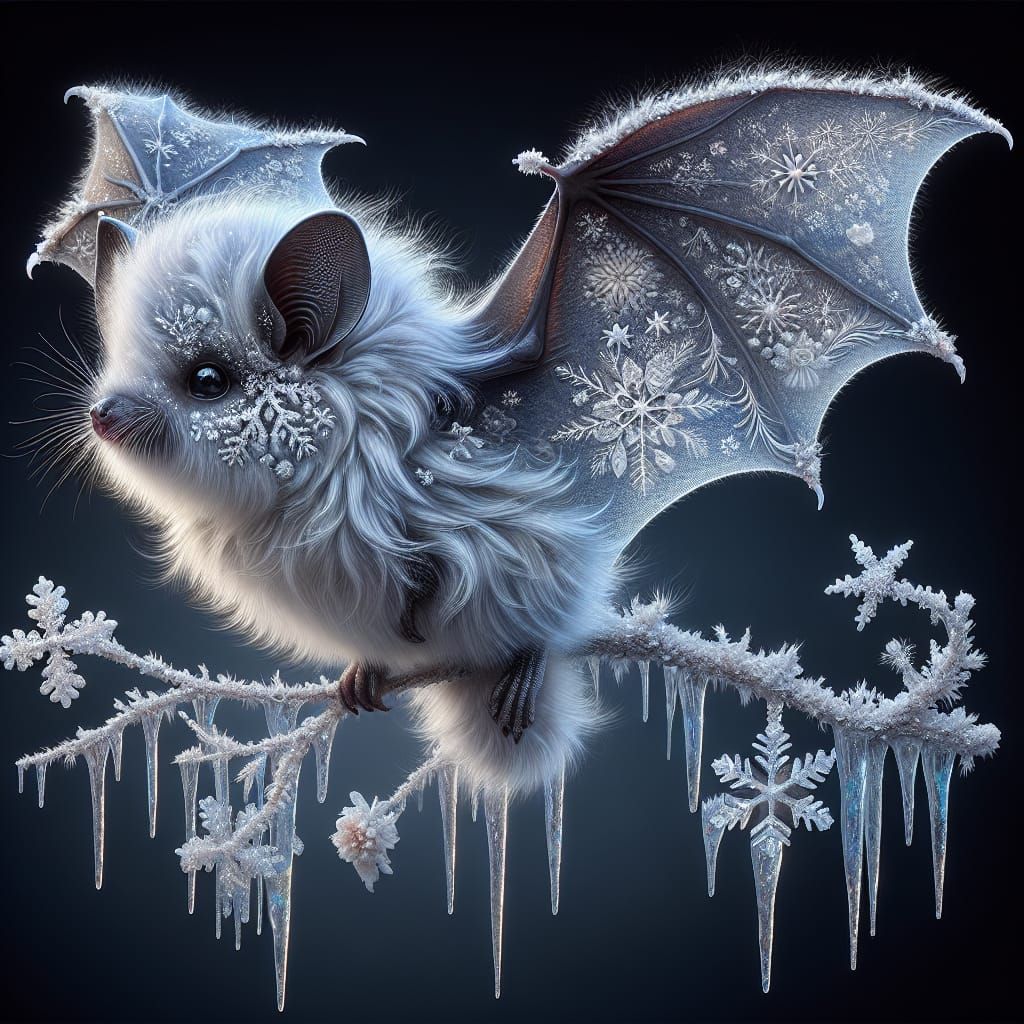 an adorable baby Bat with fur reminiscent of snow flakes flying by pale ...