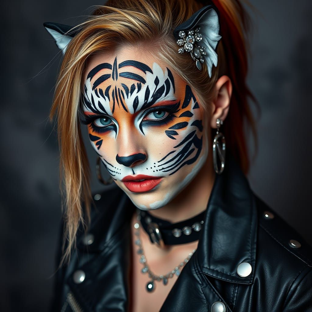 Cyberpunk Punk Woman with Tiger Face Paint - AI Art