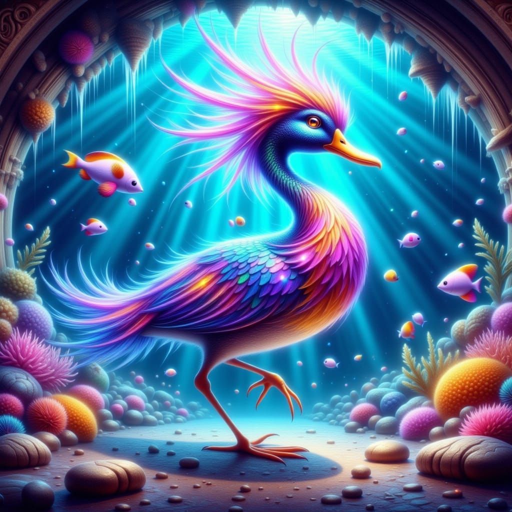 Majestic Sea-Duck in Atlantis Ruins, Iridescent Co... - AI Art