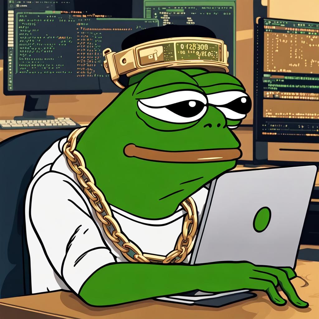 Make a picture/meme of pepe the frog from the front of his desk where ...