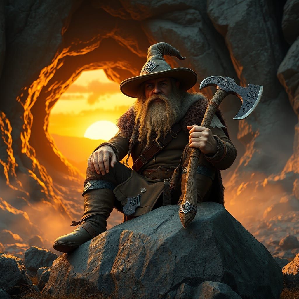 Dwarf Adventurer at Sunset Mine Entrance - AI Art