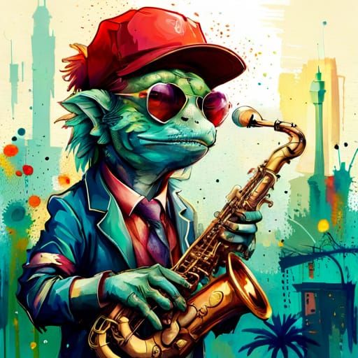Portrait of adorable urban lizard holding a saxophone and wearing ...