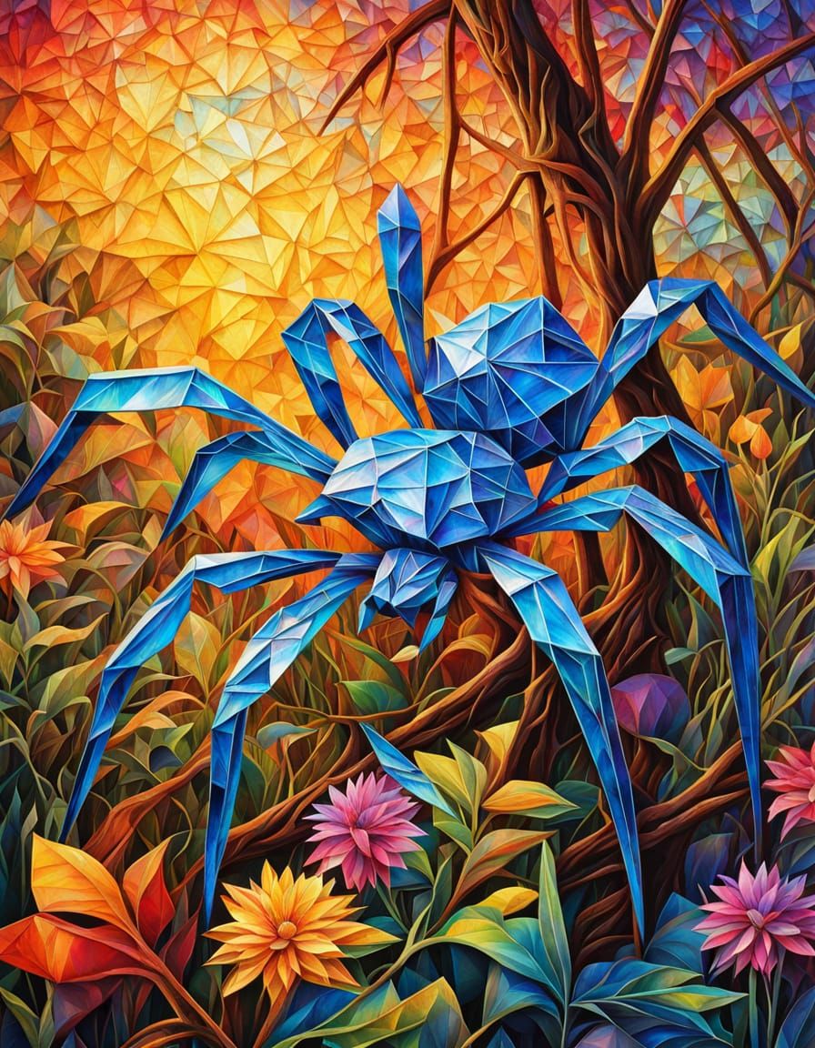 Where Are We Now - Vibrant Cubist Origami Spider Amidst Bloo...