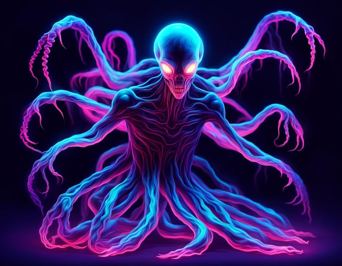 Glowing Neon Horror Alien nightmare tenticles transparent veins twisted ...