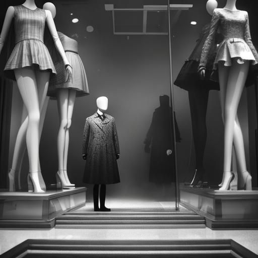 giant department store mannequins. fog. mist. extreme grainy black and ...