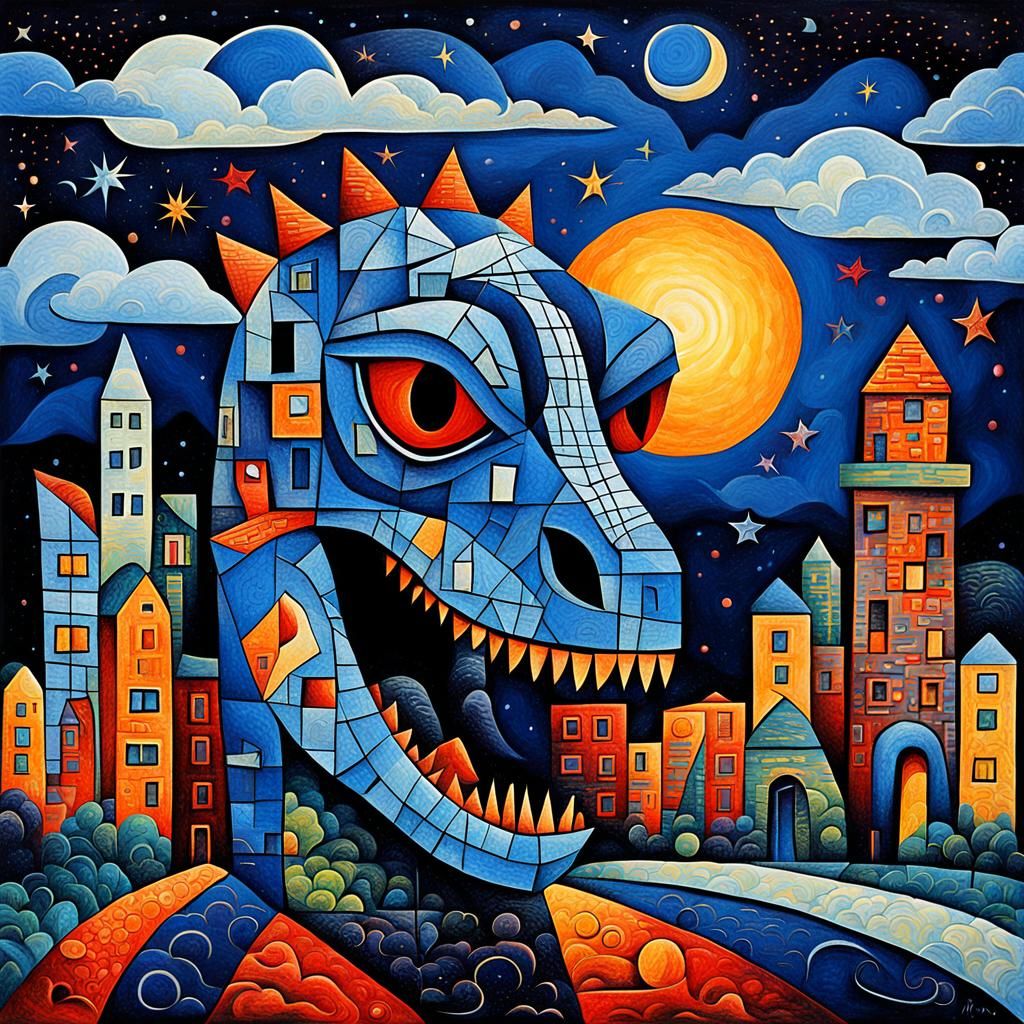Surreal Cubist Dreamscape cityscape dinosaur night sky Jean Miro mask ...