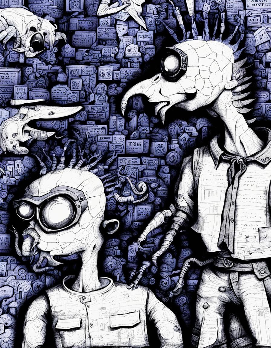 A gang of four strange human mutants standing in front of a wall ...