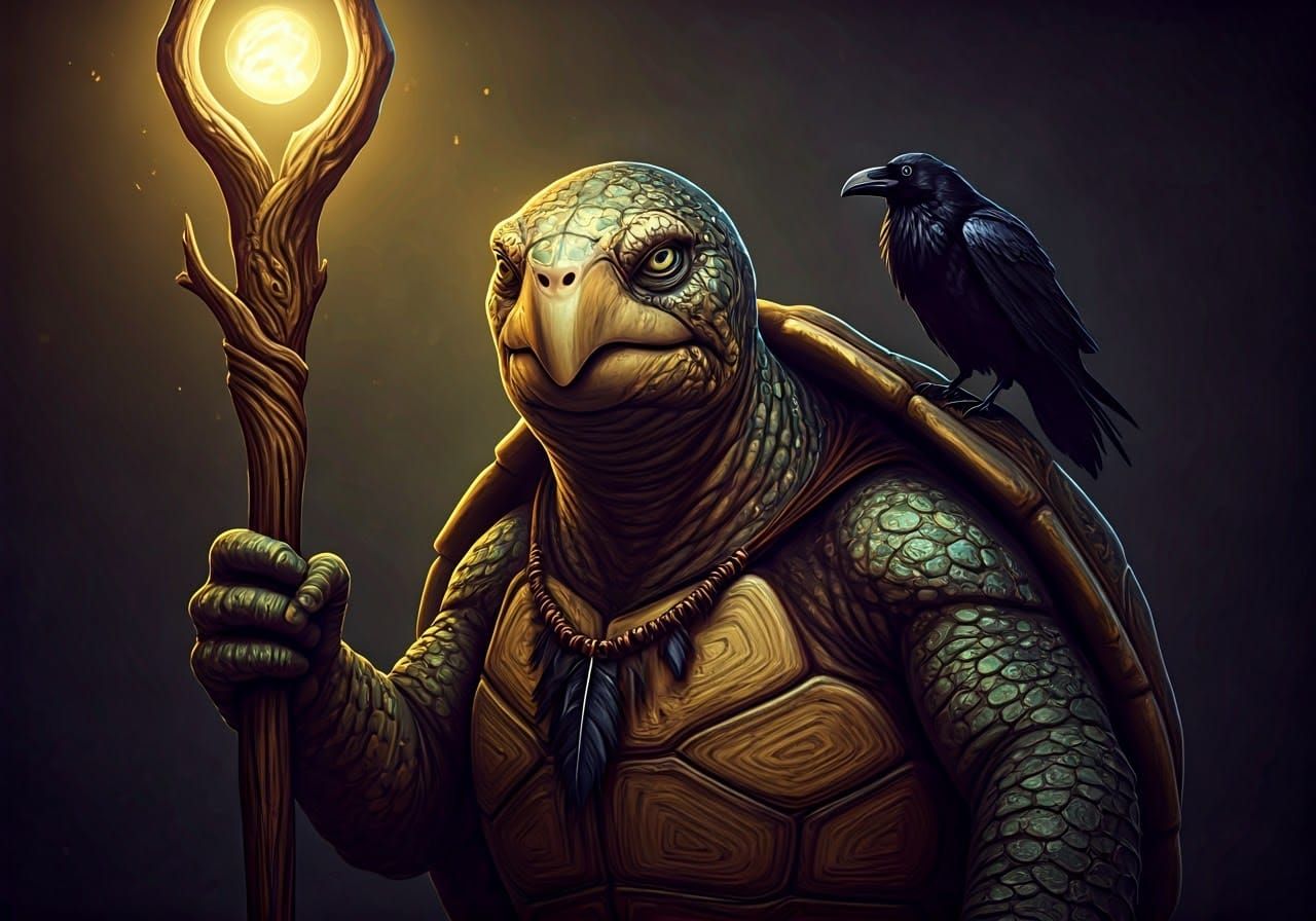 Majestic Tortle Druid, Dark Fantasy Art with Raven... - AI Art
