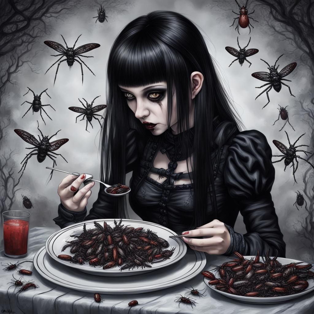 a goth girl eating a plate of bugs, spooky background, highly detailed ...