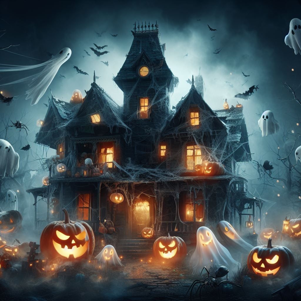 spooky haunted house with broken windows, crooked chimneys, and cobwebs ...