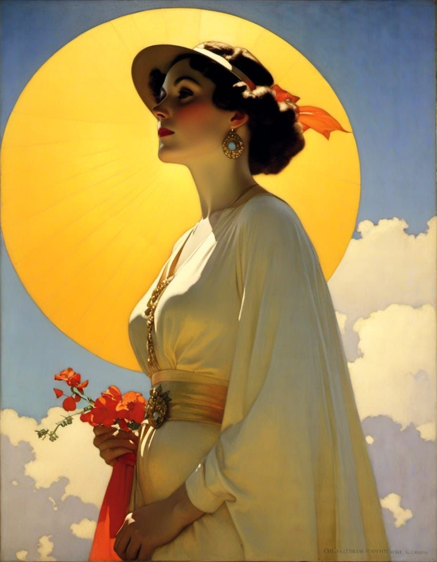 N.C. Wyeth, Olga portrait, golden shimmer, gilded sunset, sparkling ...