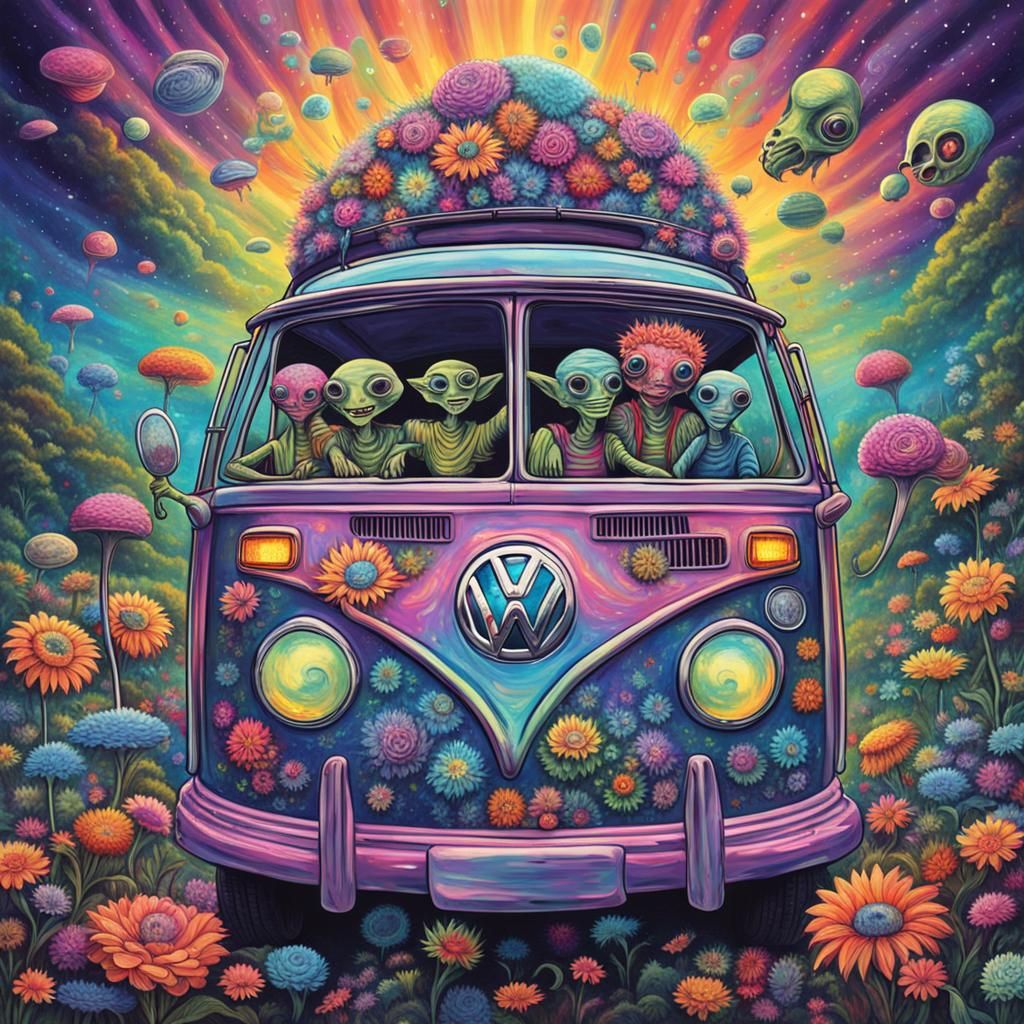 crazy aliens in a VW bus, trippy, holographic, hippies, flowers, - AI ...