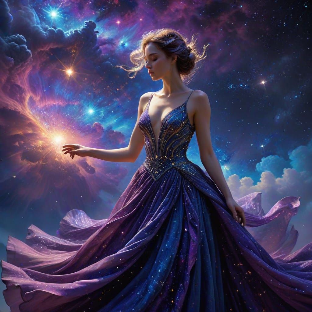 Emily's stunning evening gown woven from the depths of a vibrant cosmic ...