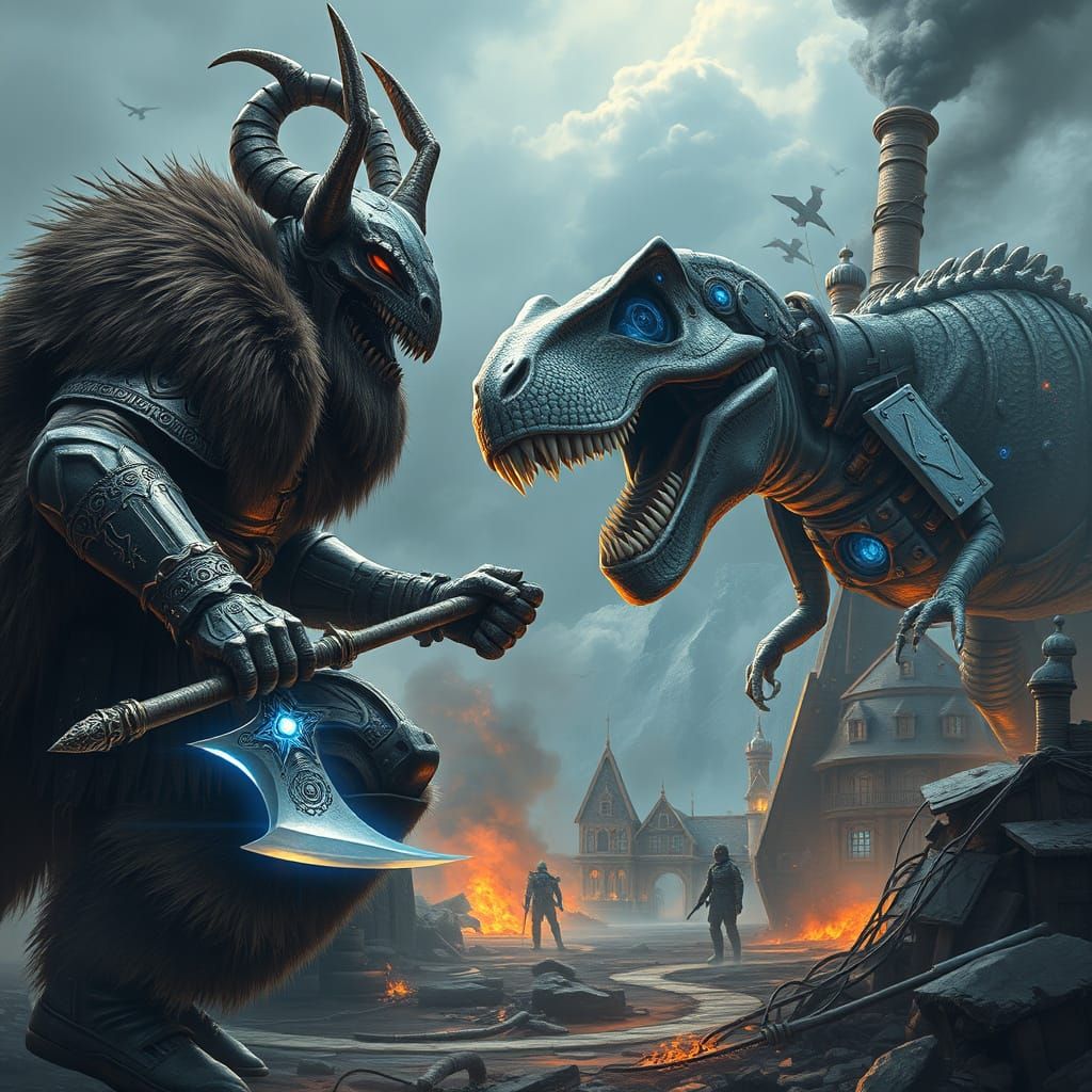 Epic Battle Between Alien Viking Warrior and Mecha... - AI Art