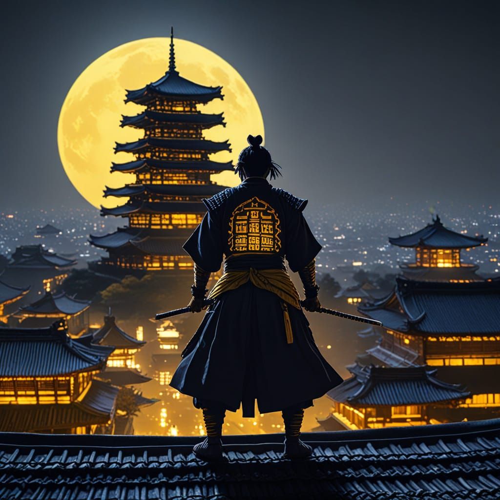 Night time, ronin Samurai is climbing on a temples roof which is a ...