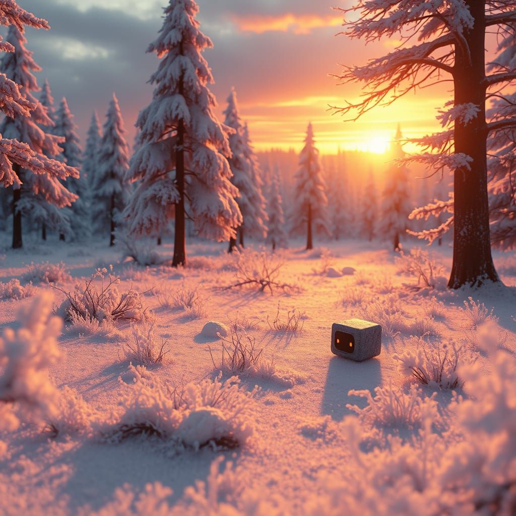 Whimsical Cube Creature Basks in Sunset Forest - AI Art