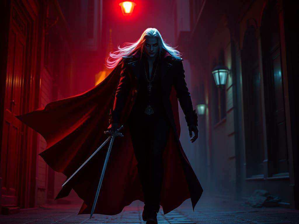 show full body Alucard vampire flying white hair glowing blue eyes aura ...