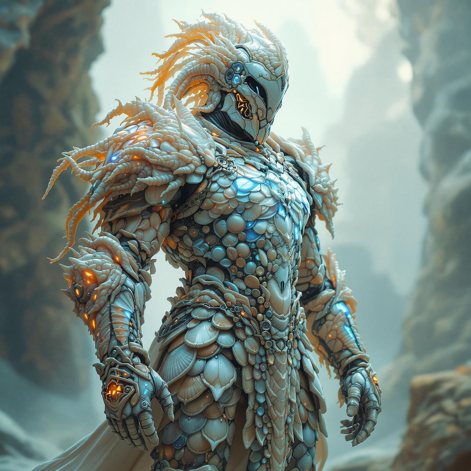 The armor shimmers with an oceanic iridescence, crafted entirely from ...