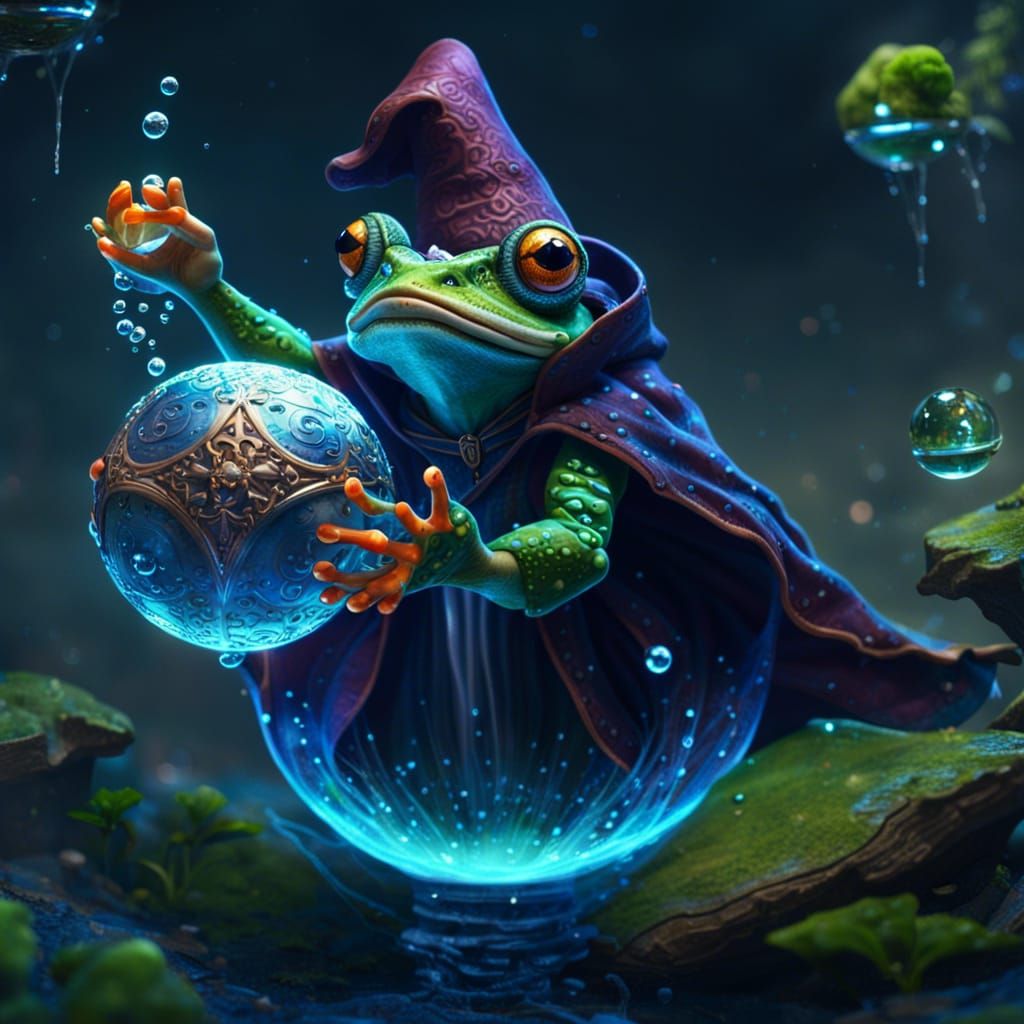 Frog wizard conjuring a sphere of water, colorful, fantastic - AI Generated Artwork - NightCafe ...