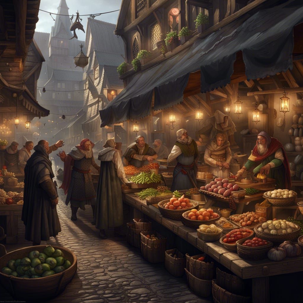 Medieval market full of fresh food, there are commoners buying and ...