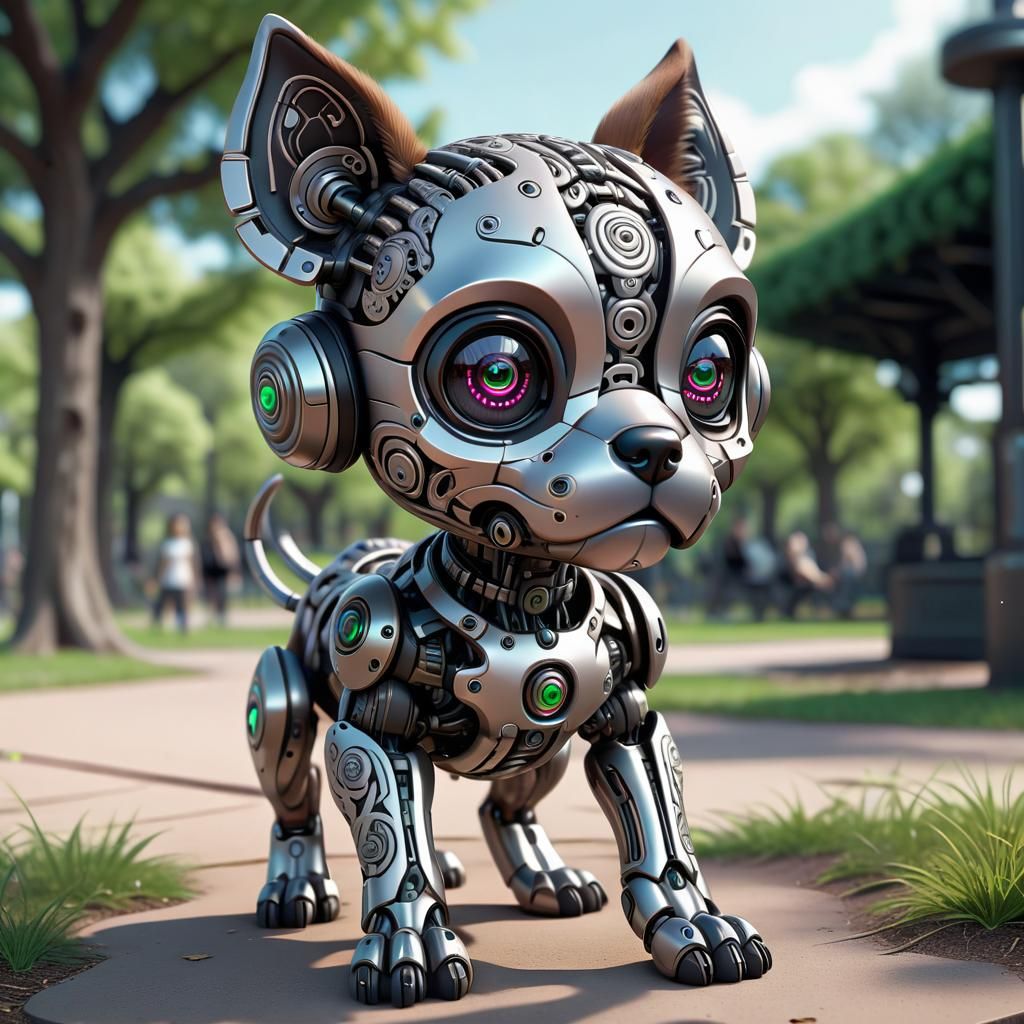 A cute adorable chibified cyborg puppy with biological eyes, playing in ...