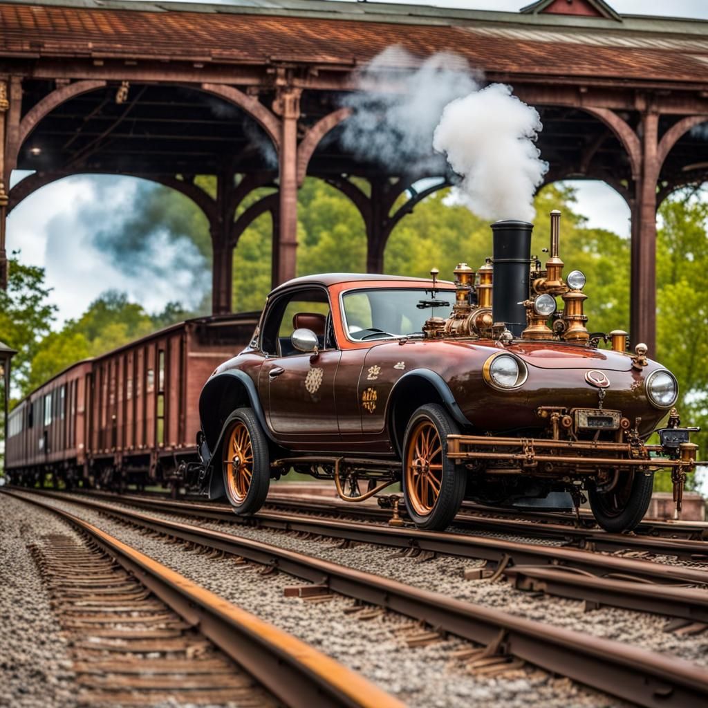 Mazda Miata on train rails with 1960's hippie paint going past an 1860 ...